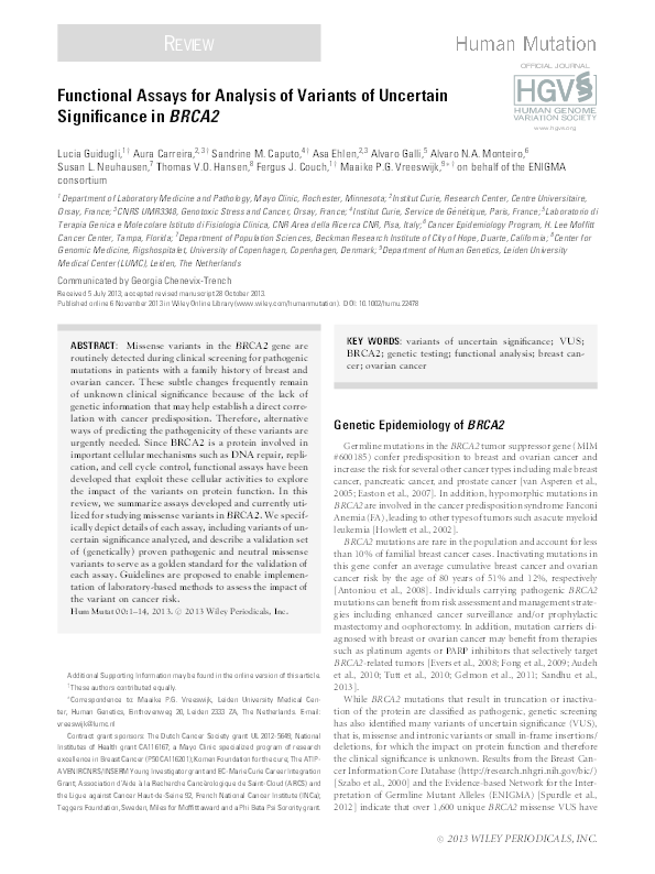 (PDF) Functional assays for analysis of variants of uncertain significance in BRCA2