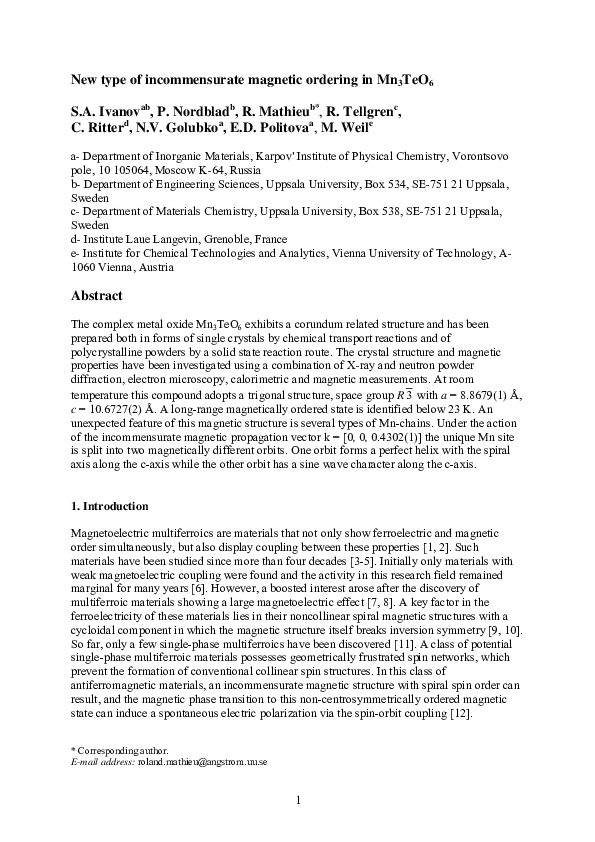 Pdf New Type Of Incommensurate Magnetic Ordering In Mn3teo6