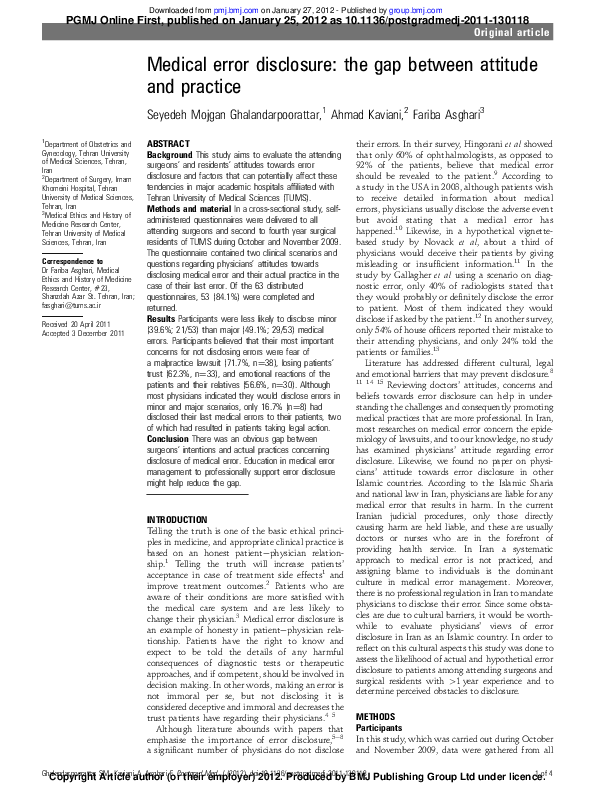 (PDF) Medical error disclosure: the gap between attitude and practice