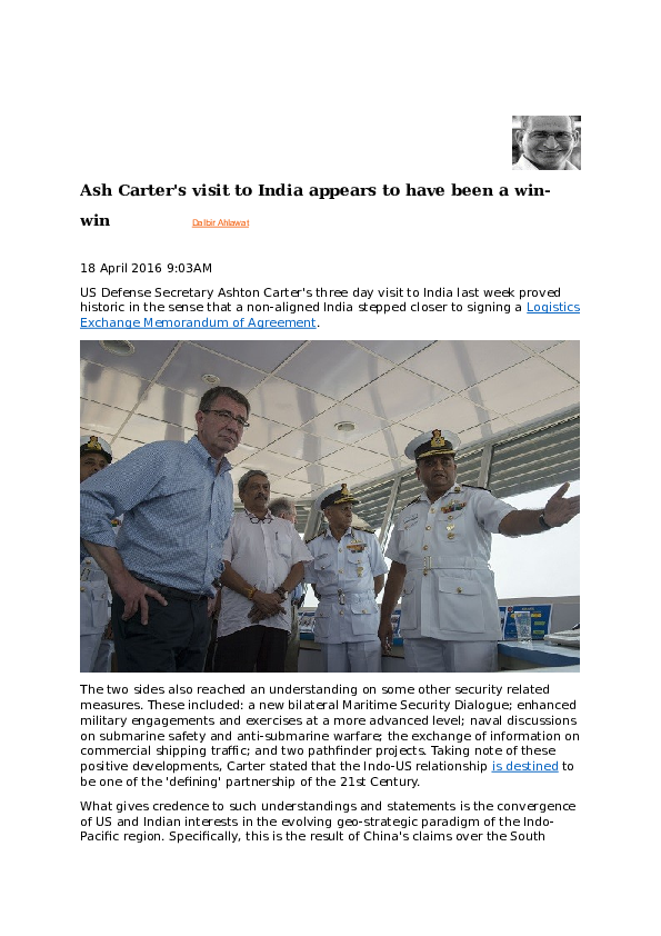 (DOC) Ash Carter's visit to India appears to have been a win- win