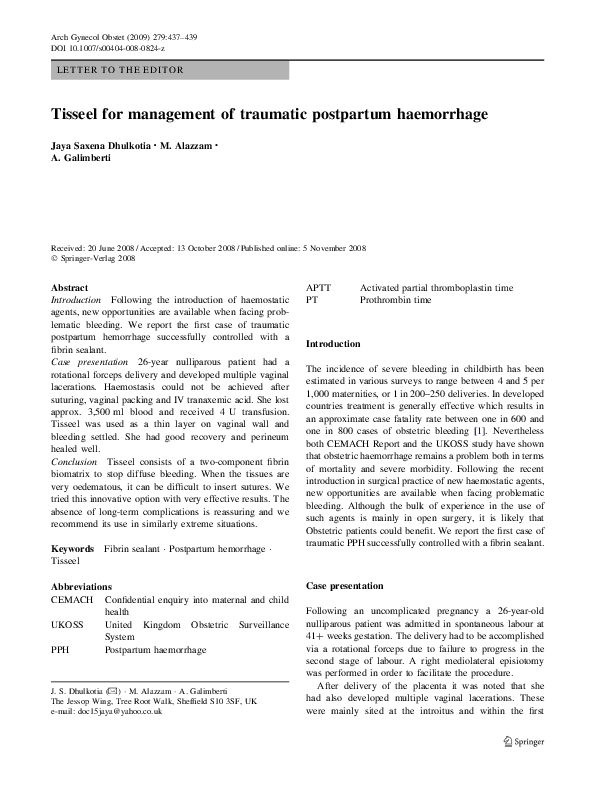 (PDF) Tisseel for management of traumatic postpartum haemorrhage