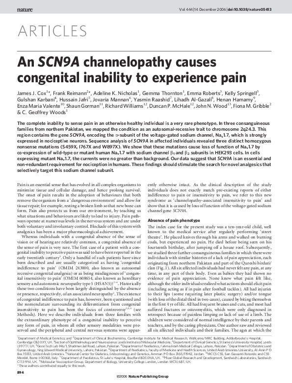 (PDF) An SCN9A channelopathy causes congenital inability to experience pain