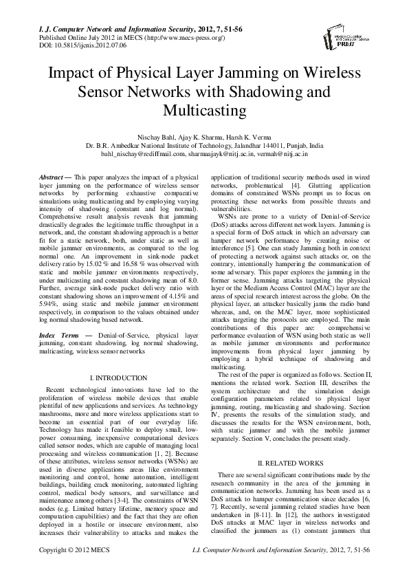 Pdf Impact Of Physical Layer Jamming On Wireless Sensor Networks With Shadowing And Multicasting
