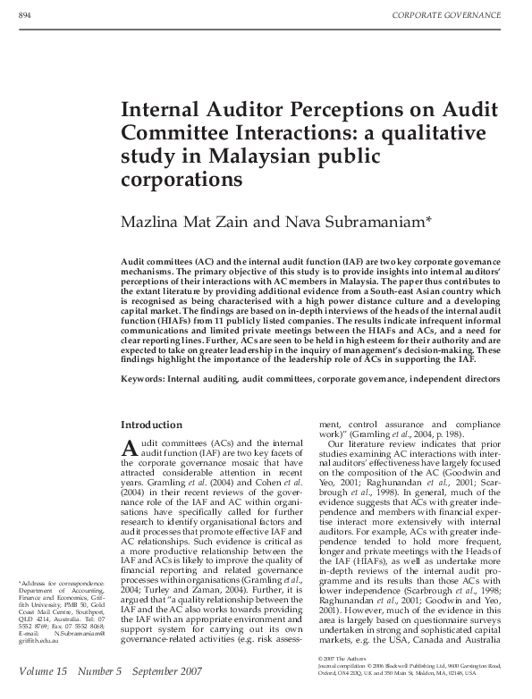 (PDF) Internal auditors' perceptions of audit committee function and effectiveness: Some ...