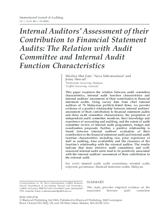 (PDF) Internal Auditors’ Assessment of their Contribution to Financial Statement Audits: The ...