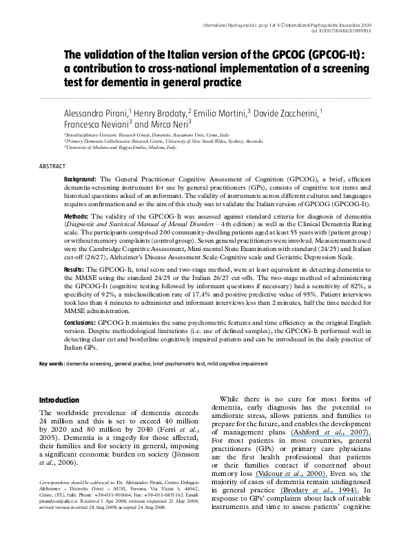(PDF) The validation of the Italian version of the GPCOG (GPCOG-It): a ...