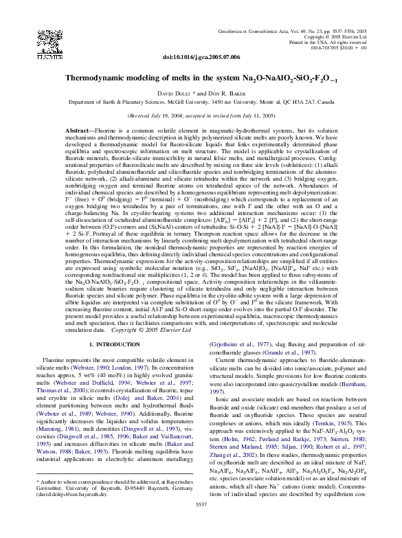 (PDF) Thermodynamic modeling of melts in the system Na2O-NaAlO2-SiO2-F2O−1
