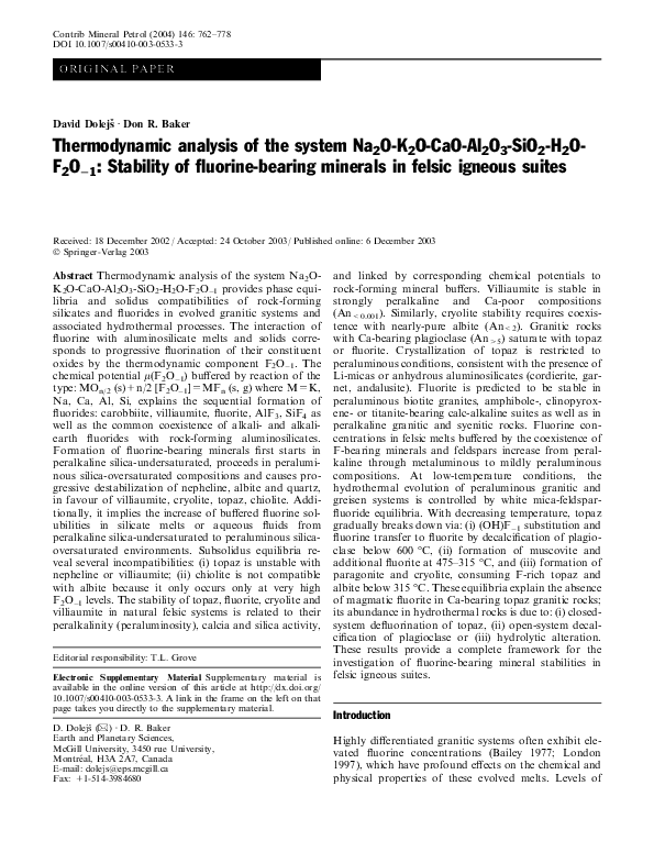 (PDF) Thermodynamic analysis of the system Na2O-K2O-CaO-Al2O3-SiO2-H2O-F2O−1: Stability of ...