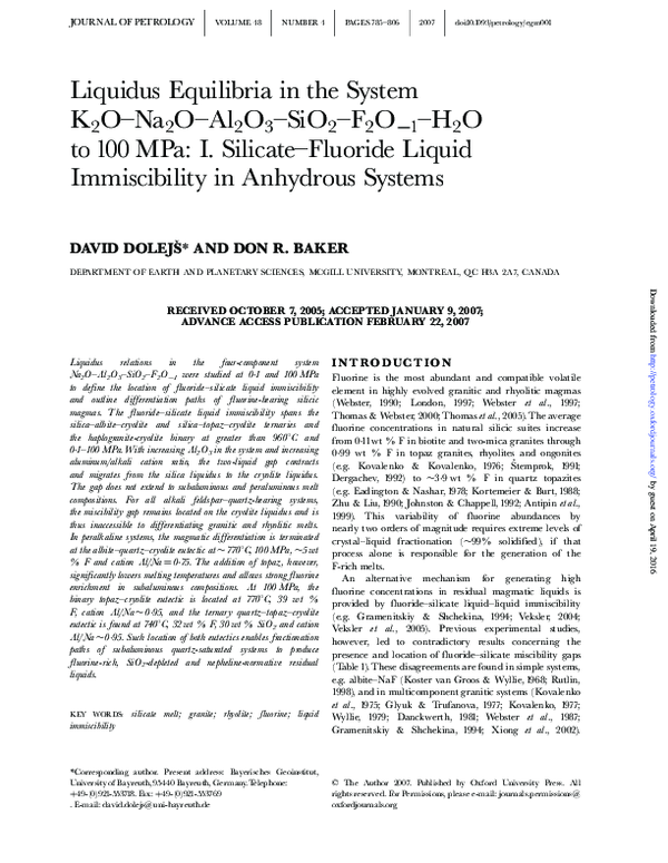 (PDF) Liquidus Equilibria in the System K2O-Na2O-Al2O3-SiO2-F2O-1-H2O to 100 MPa: I. Silicate ...