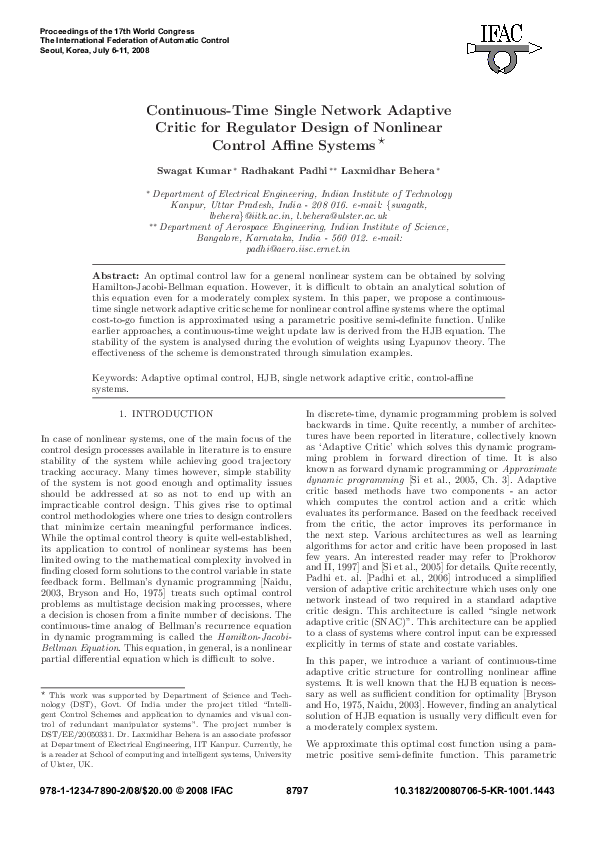 (PDF) Continuous-time Single Network Adaptive Critic for Regulator ...