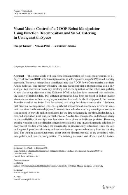 (PDF) Visual motor control of a 7 DOF robot manipulator using a fuzzy SOM network