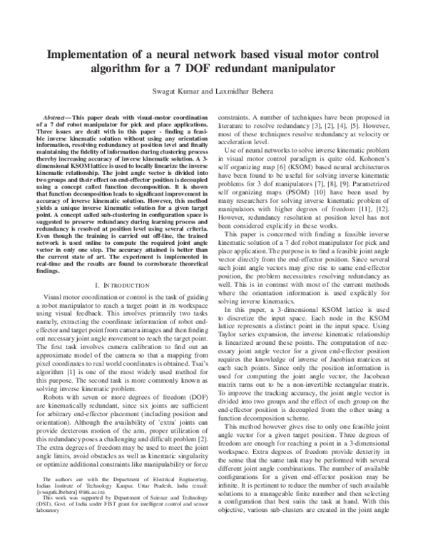 (PDF) Implementation of a neural network based visual motor control algorithm for a 7 DOF ...