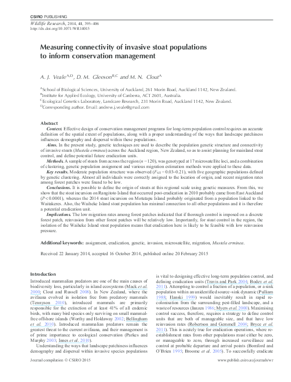 (PDF) Measuring connectivity of invasive stoat populations to inform ...