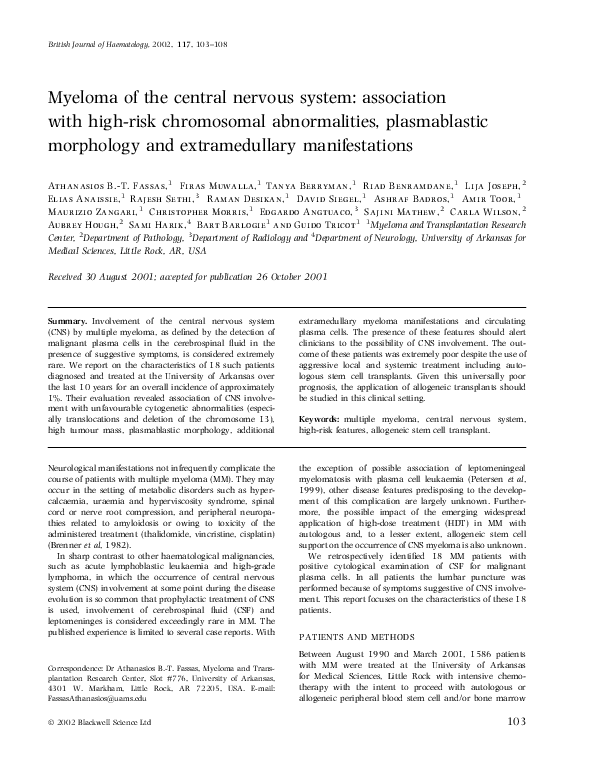 (PDF) Myeloma of the central nervous system: association with high-risk chromosomal ...