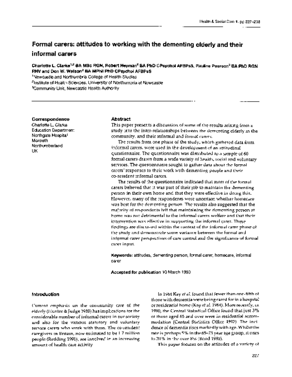 (PDF) Formal carers: attitudes to working with the dementing elderly ...