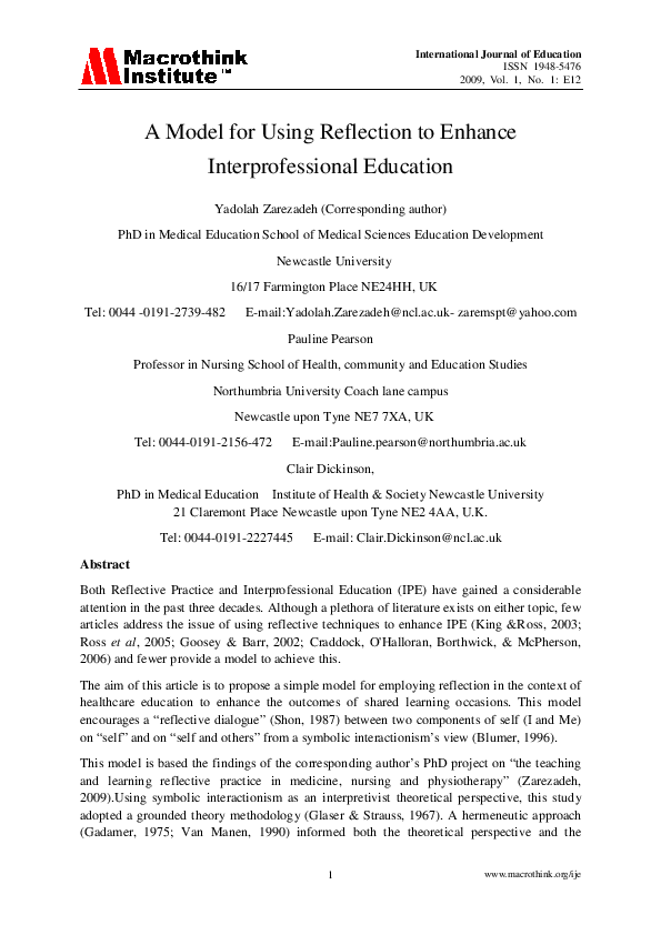 (PDF) A Model for Using Reflection to Enhance Interprofessional Education