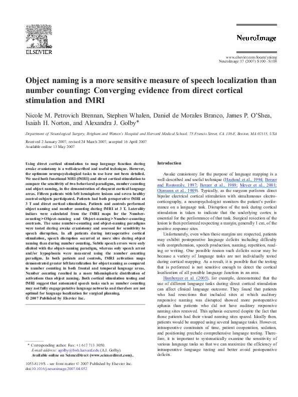 (PDF) Object naming is a more sensitive measure of speech localization ...