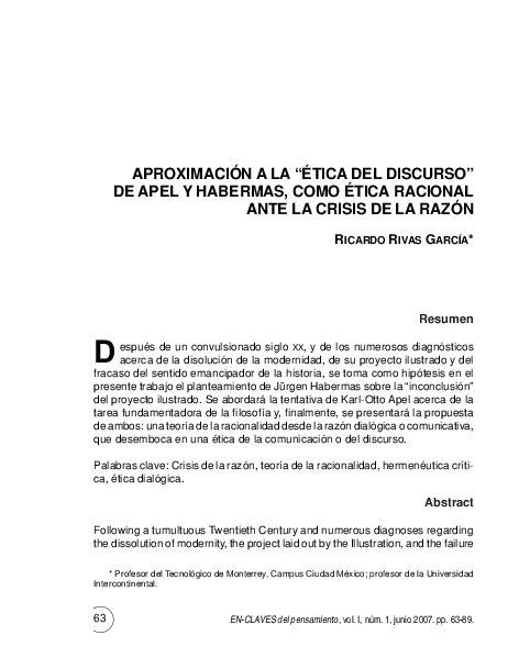 (PDF) APROXIMACIÓN A LA “ÉTICA DEL DISCURSO” DE APEL Y HABERMAS, COMO ÉTICA RACIONAL ANTE LA ...