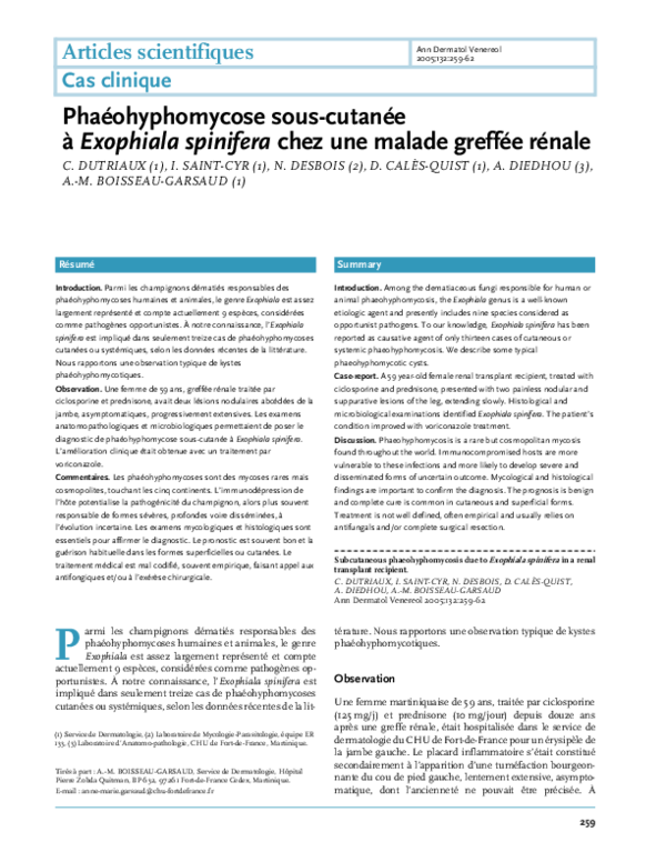 (PDF) Phaéohyphomycose sous-cutanée à Exophiala spinifera chez une ...