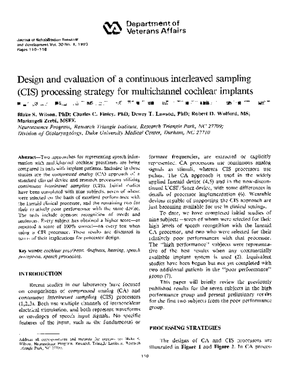 Pdf Design And Evaluation Of A Continuous Interleaved Sampling Cis Processing Strategy For
