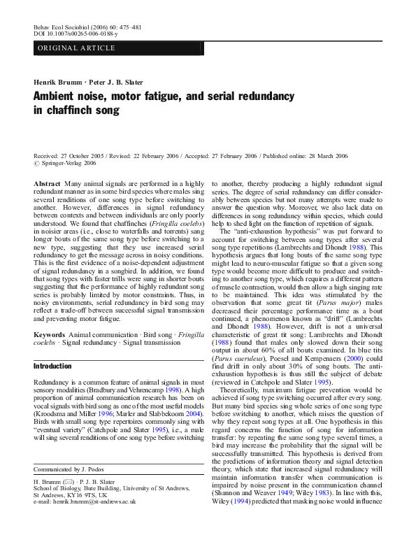 (PDF) Ambient noise, motor fatigue, and serial redundancy in chaffinch song