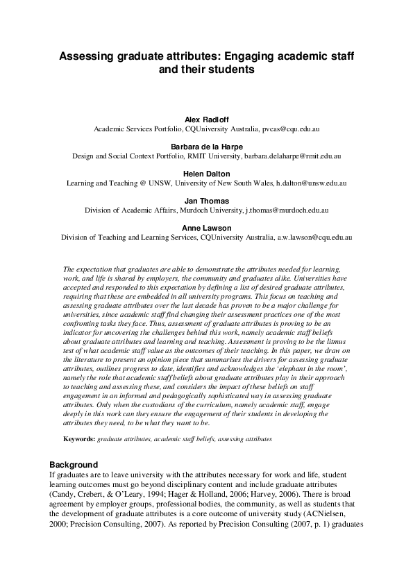 (PDF) Assessing graduate attributes: Engaging academic staff and their ...