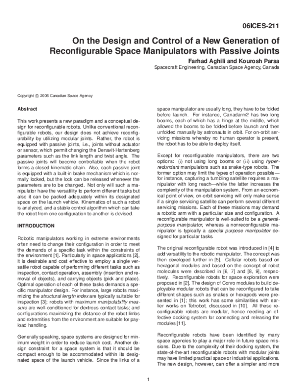 Pdf On The Design And Control Of A New Generation Of Reconfigurable Space Manipulators With