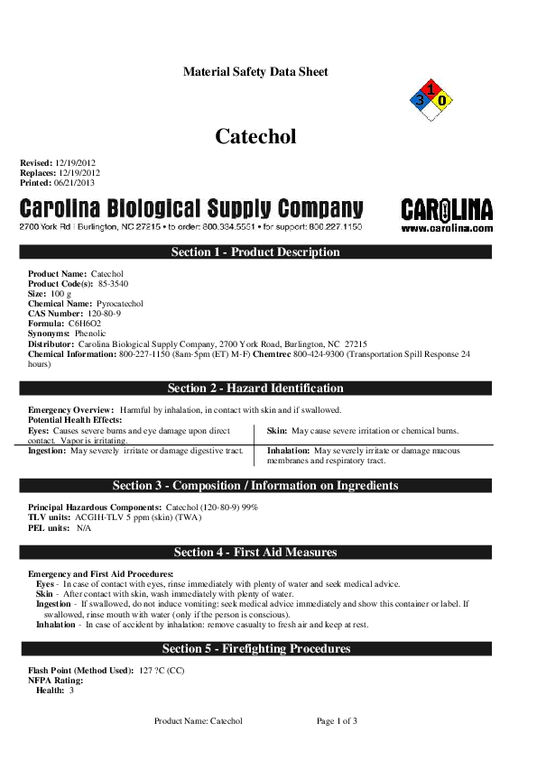 (PDF) Material Safety Data Sheet Catechol Section 1 -Product Description