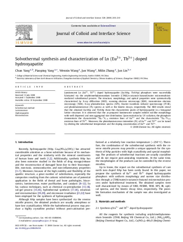 (PDF) Solvothermal synthesis and characterization of Ln (Eu 3+, Tb 3+) doped hydroxyapatite