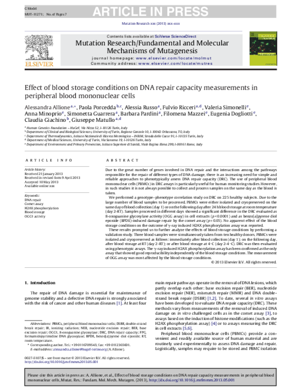 (PDF) Effect of blood storage conditions on DNA repair capacity ...