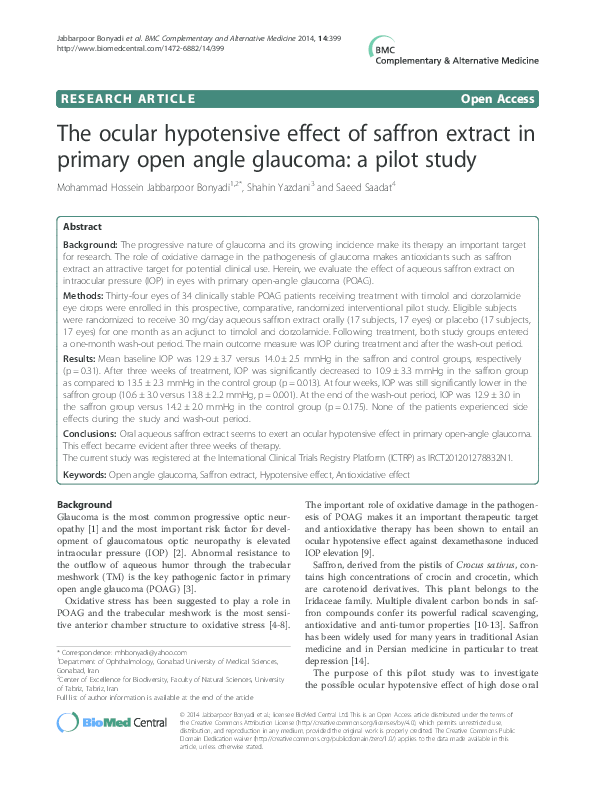 (PDF) The ocular hypotensive effect of saffron extract in primary open angle glaucoma: a pilot study