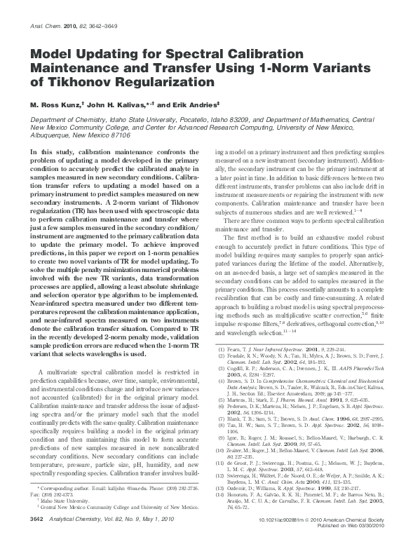 Pdf Model Updating For Spectral Calibration Maintenance And Transfer Using 1 Norm Variants Of