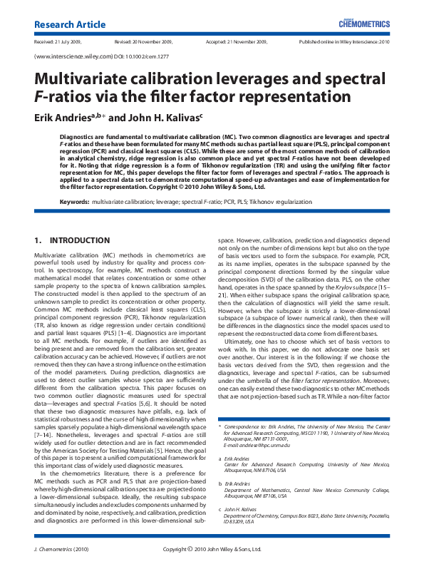 (PDF) Multivariate calibration leverages and spectral F-ratios via the filter factor representation