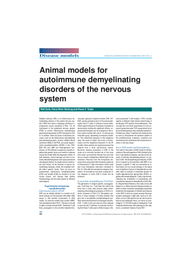 (PDF) Animal models for autoimmune demyelinating disorders of the ...