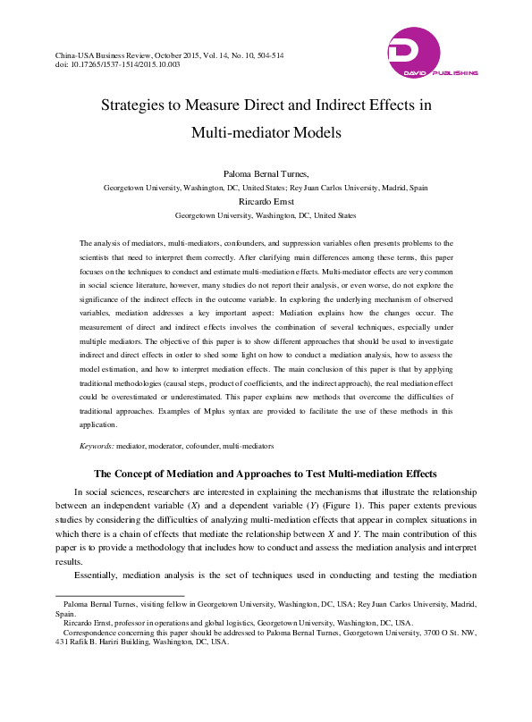 (PDF) Strategies to Measure Direct and Indirect Effects in Multi-mediator Models The Concept of ...