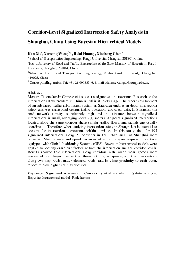(PDF) Corridor-level signalized intersection safety analysis in Shanghai, China using Bayesian ...