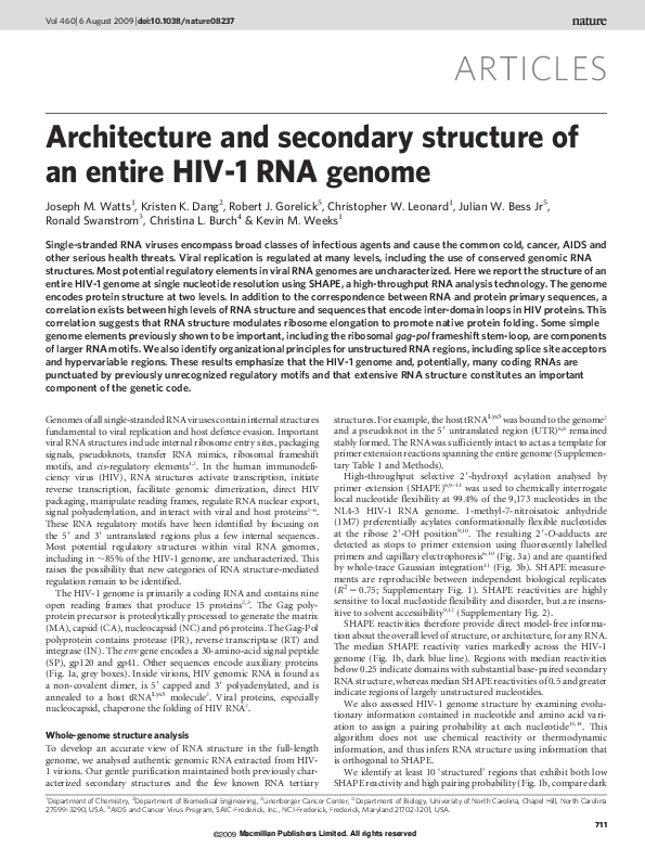 (PDF) Architecture and secondary structure of an entire HIV-1 RNA genome