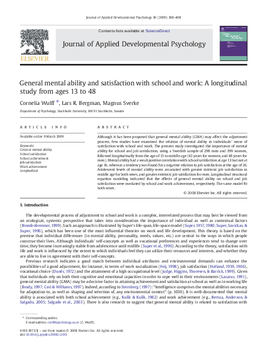 (PDF) General mental ability and satisfaction with school and work: A longitudinal study from ...
