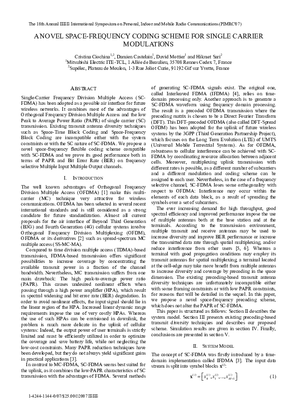 Pdf A Novel Space Frequency Coding Scheme For Single Carrier Modulations
