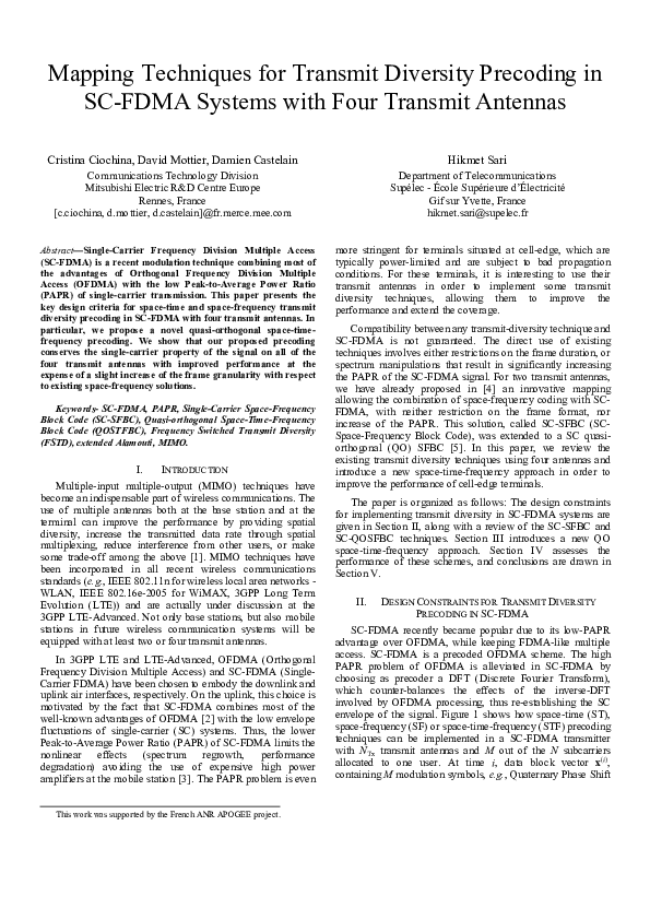Pdf Mapping Techniques For Transmit Diversity Precoding In Sc Fdma Systems With Four Transmit