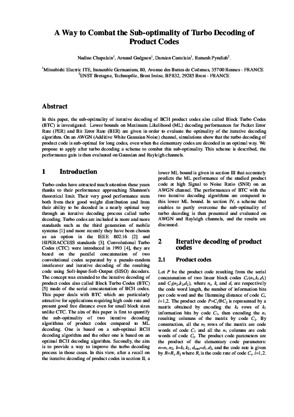 Pdf A Way To Combat The Sub Optimality Of Turbo Decoding Of Product Codes R Pyndiah And