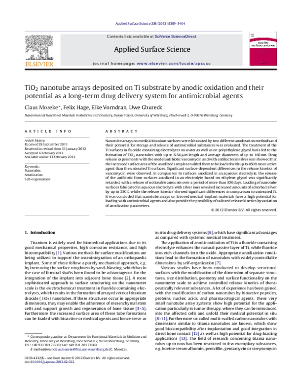 (PDF) TiO2 nanotube arrays deposited on Ti substrate by anodic oxidation and their potential as ...