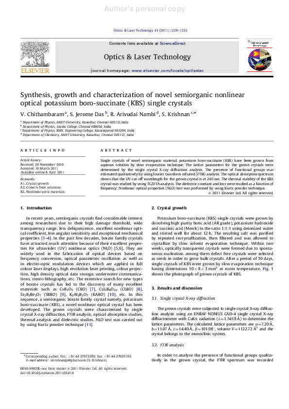 (PDF) Synthesis, growth and characterization of a novel semiorganic NLO ...