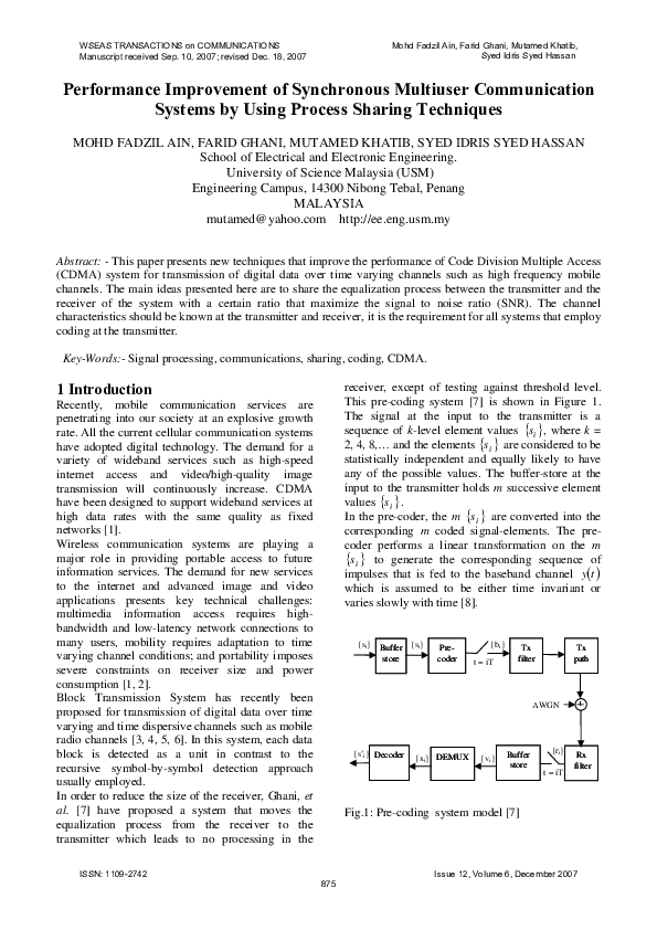 Pdf Performance Improvement Of Synchronous Multiuser Communication Systems By Using Process