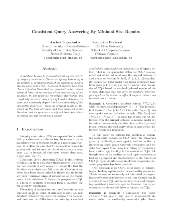 (PDF) Consistent Query Answering By Minimal-Size Repairs