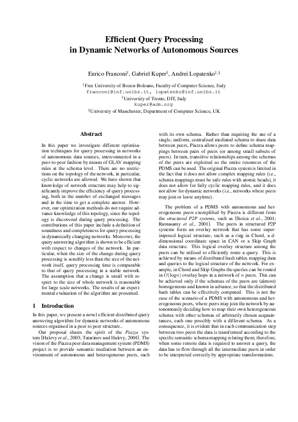 (PDF) Efficient Query Processing in Dynamic Networks of Autonomous Sources