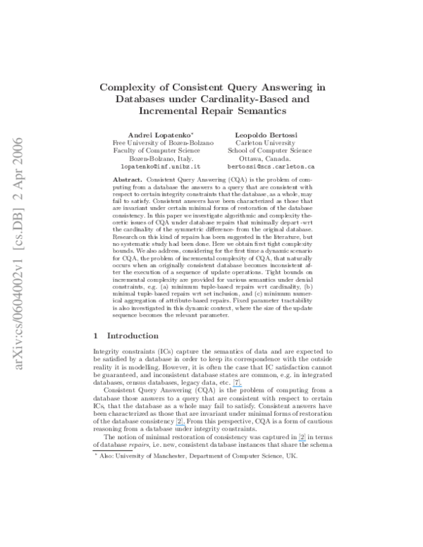 (PDF) Complexity of consistent query answering in databases under cardinality-based and ...