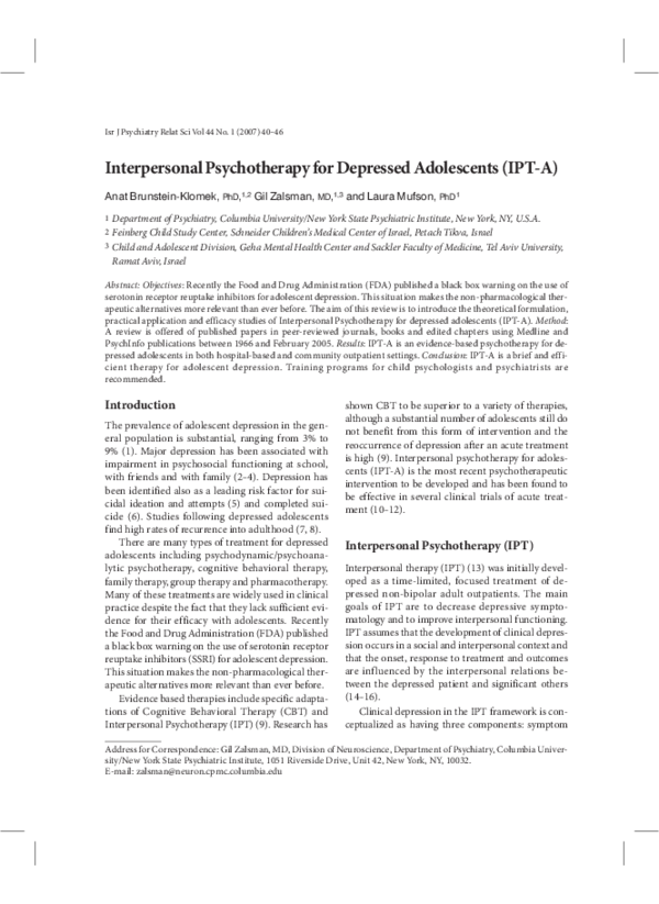 (PDF) Interpersonal Psychotherapy for Depressed Adolescents (IPT- A ...