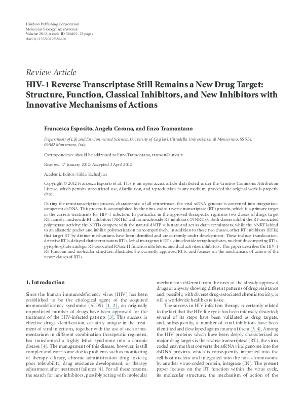 (PDF) HIV-1 Reverse Transcriptase Still Remains a New Drug Target: Structure, Function ...