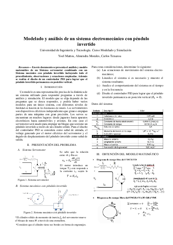 (PDF) Modelado y análisis de un sistema electromecánico con péndulo invertido